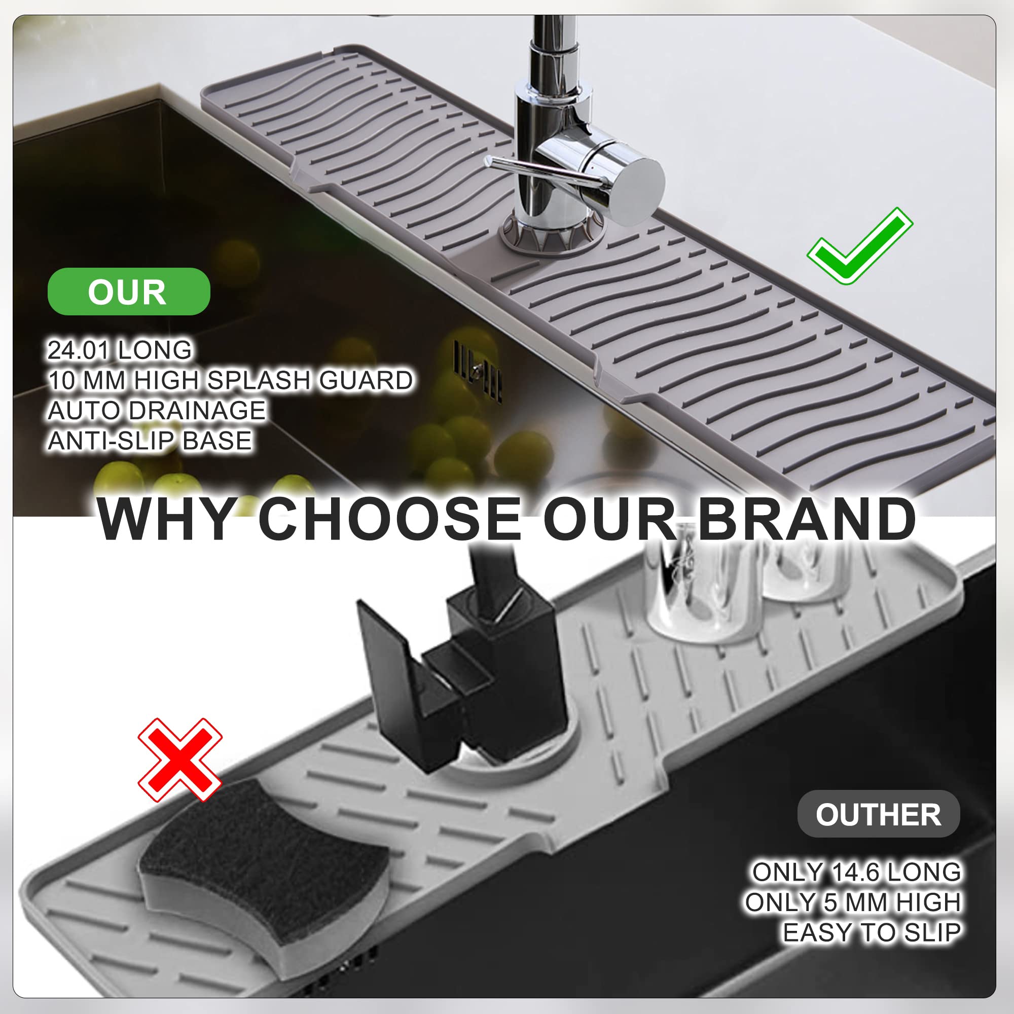 ODRAGO Silicone Kitchen Sink Splash Guard - 24.01 Inch Faucet Mat for kitchen Sink Water - Longer Faucet Handle Drip Catcher Tray-Sink Guard for Kitchen Sink (Grey)