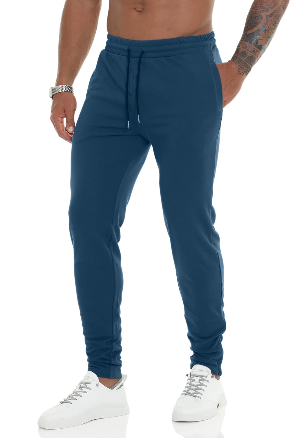 Ouber Men's Athletic Gym Workout Pants Running Tapered Joggers Sweatpants with Zipper Bottom Blue,S