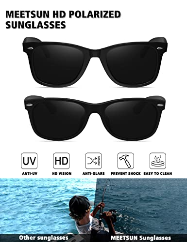 MEETSUN Polarized Sunglasses for Men Women Classic Retro Sun Glasses for Driving Fishing UV Protection 2 Pack C2 Matte Black Frame/Grey Lens