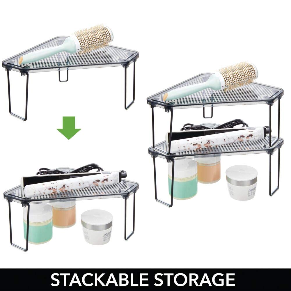 mDesign Plastic/Steel Corner Stackable Rack, Storage Organizer Shelf for Bathroom, Vanity, Countertop, Sink, Cabinet, Holds Makeup, Shower Accessories, Ligne Collection - Black/Smoke Gray