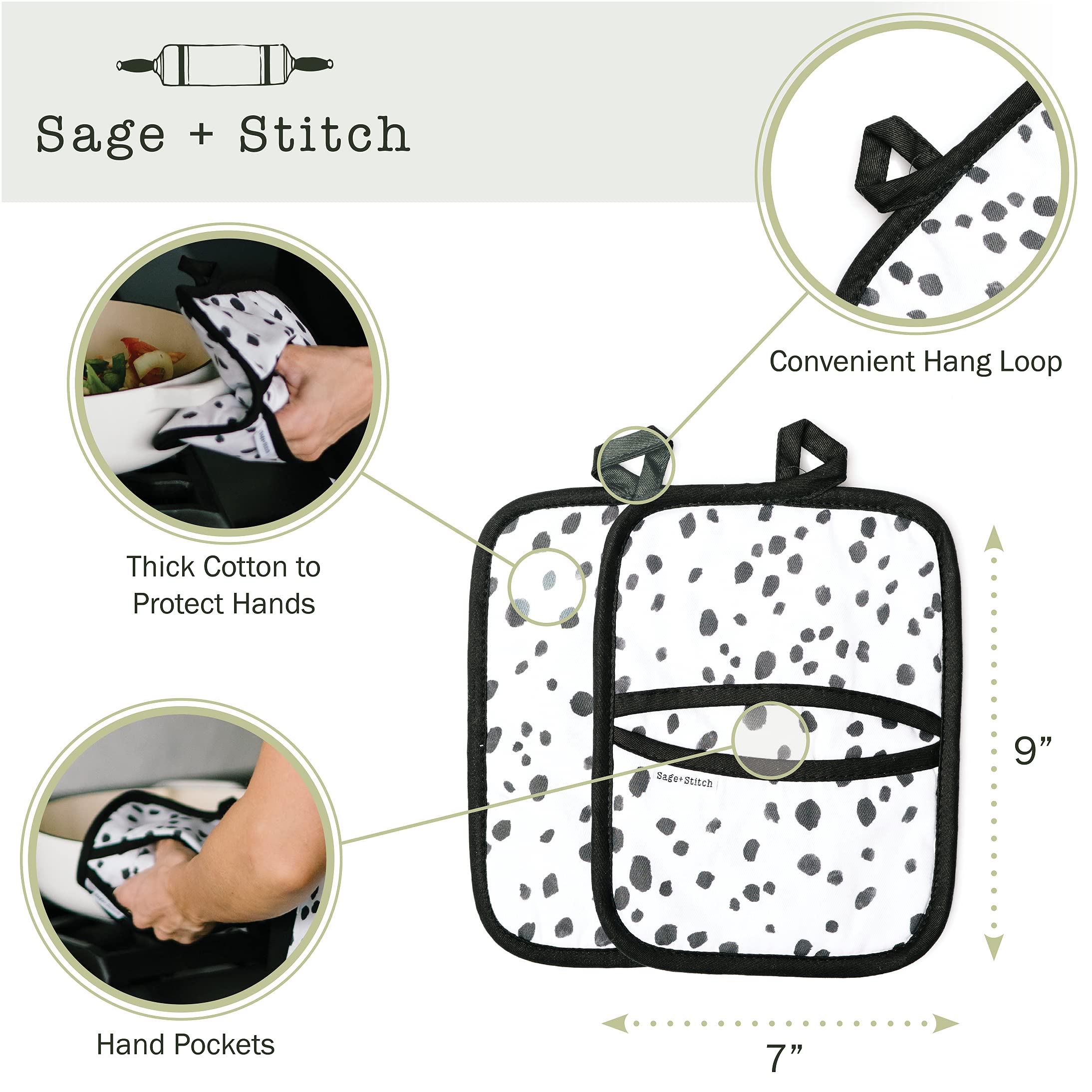 Sage+Stitch Oven Mitts and Pot Holders 4 Piece Set | Heat Resistant Gloves | Accessories for Kitchen and Baking | Dalmatian Design