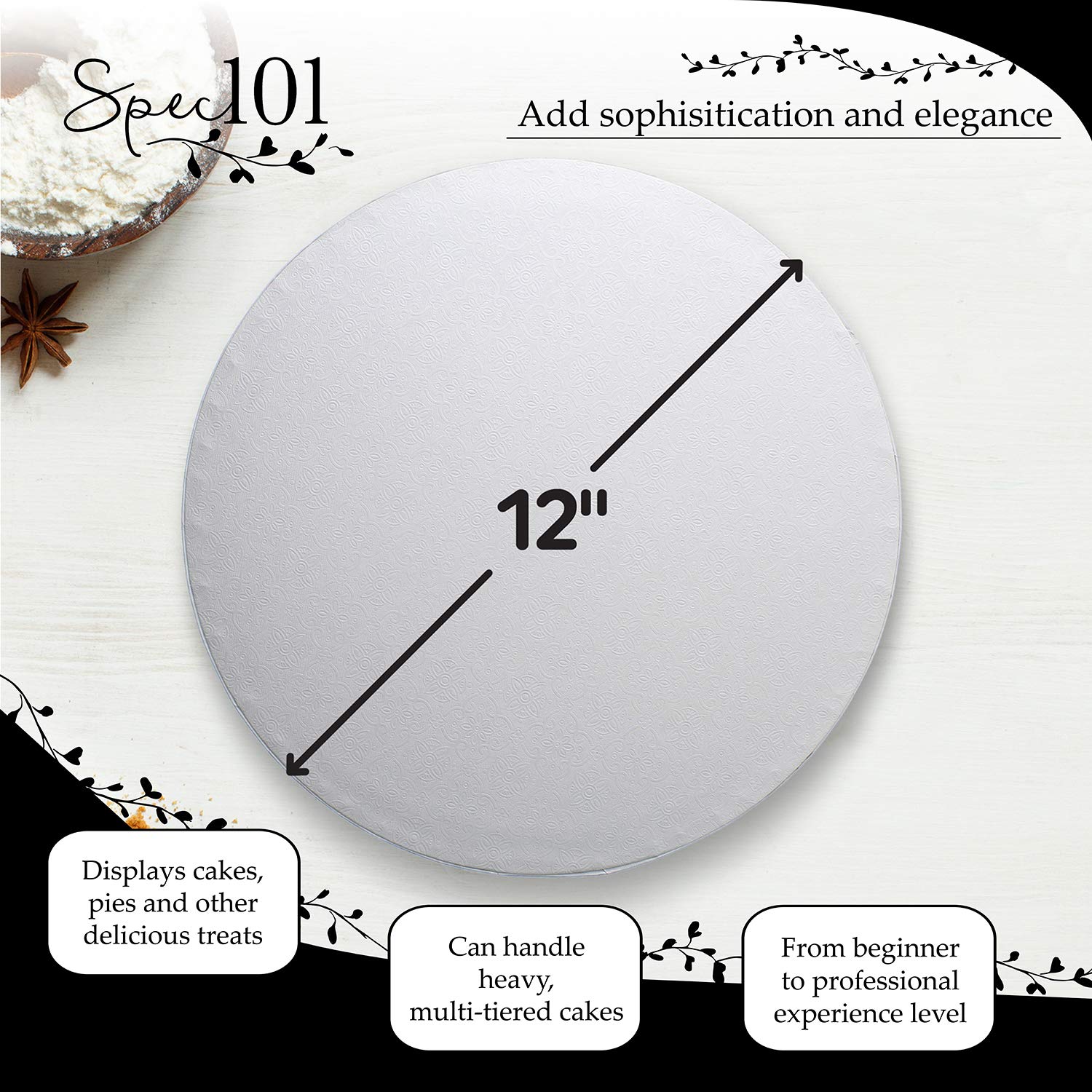 Tongtai Spec101 Round Cake Drums, 12 Inch - 12pk White Cake Drum Boards with 1/2-Inch Thick Wrapped-Edges