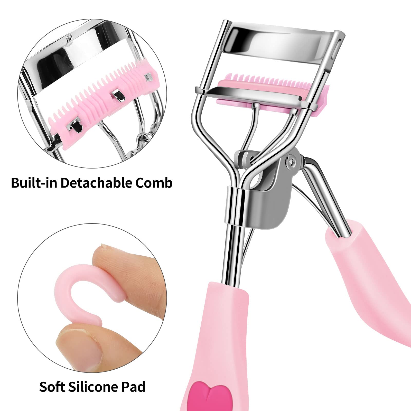 Zowor Eyelash Curler with 5PCS Silicone Refill Pad Fit All Eye Shape Curved Eyelash Curler,Natural and Long Lasting Lash Curler for Women Make Up Gift(Light Pink)
