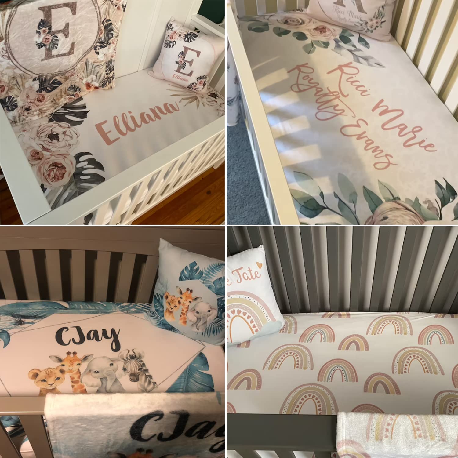 UOOPOO-US Personalized Baby Fitted Crib Sheet Set, Customized Blush Gold Floral Crib Bedding Set with Name, Baby Crib Bedding Set, Custom Pink Flower Nursery Crib Sheet Bedding Set