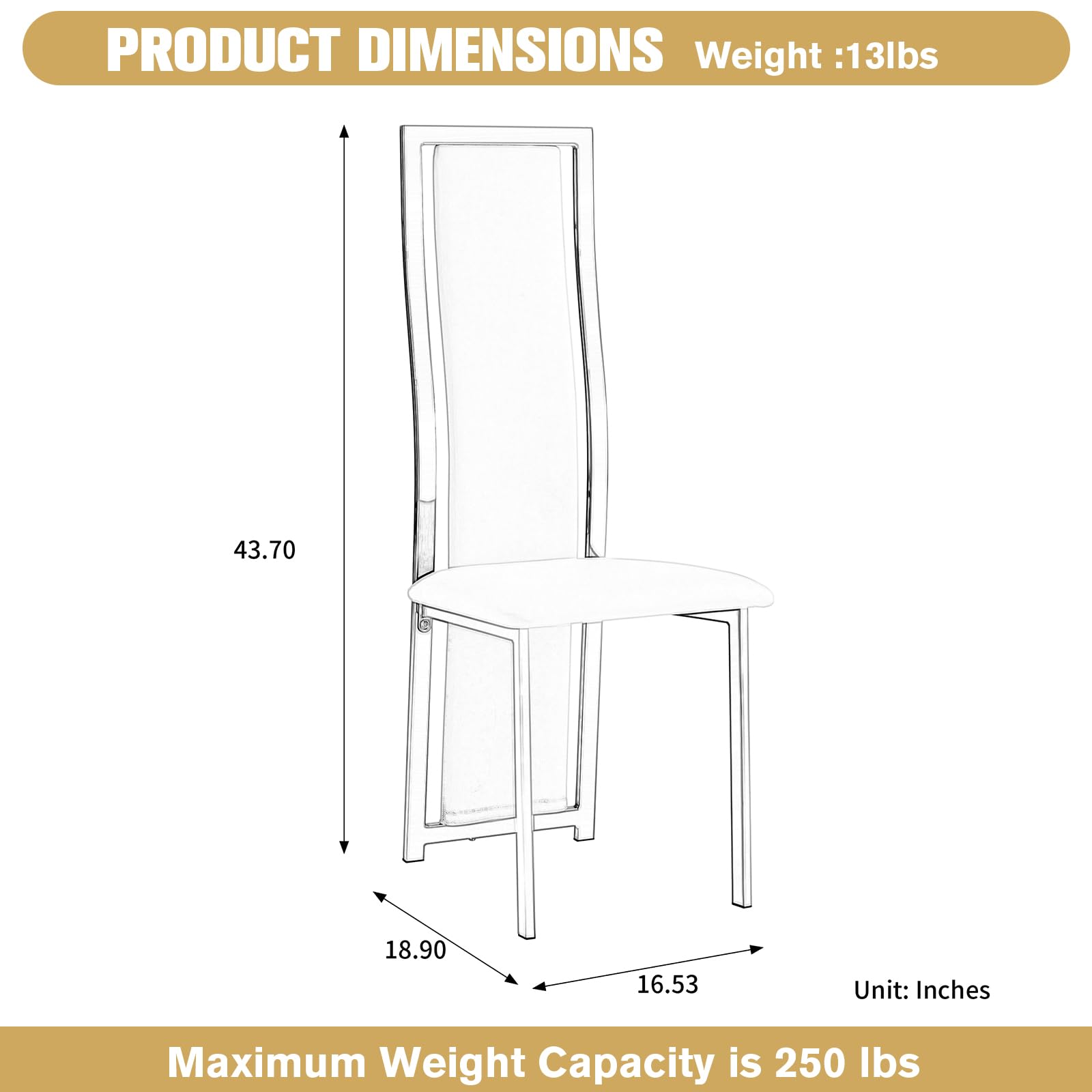 ME2 Dining Chairs Set of 2, Sleek Golden Stainless Steel Legs, Leather Upholstered Dining Chairs for Kitchen and Dining Room (White)
