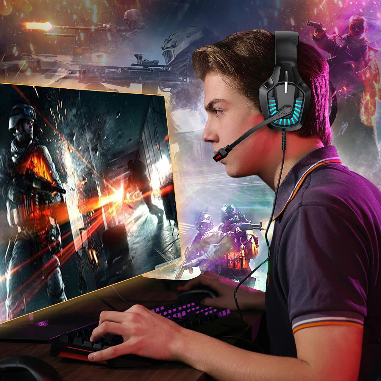 Powerextra Gaming Headset for PC, Over Ear Headphones with Noise Cancelling Microphone LED Light, Mic, Volume Control, Soft Memory Earmuffs for Laptop Mac Nintendo PS4 PS5 Xbox One Controller