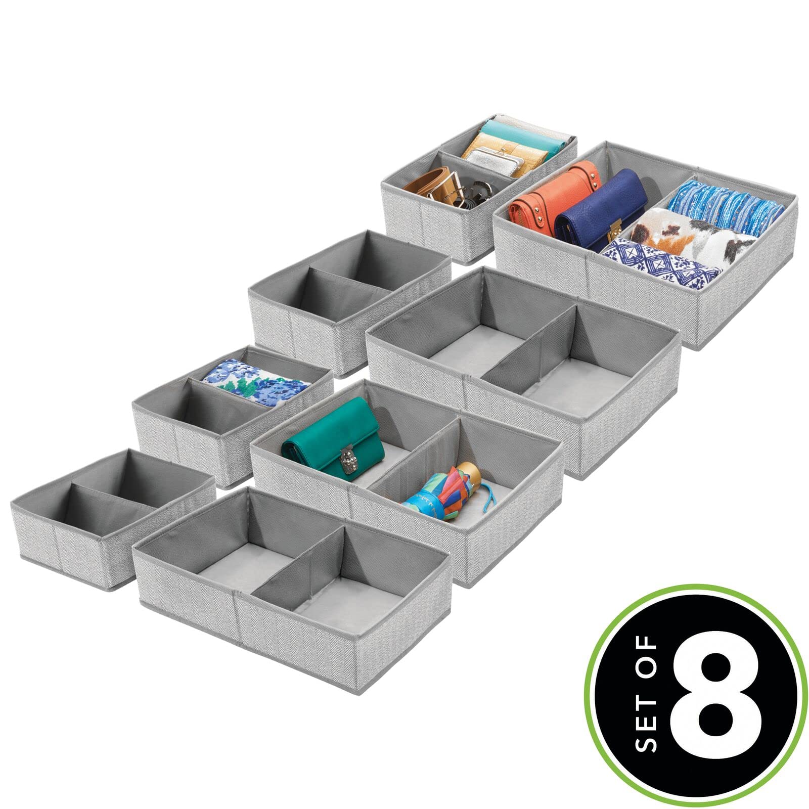 mDesign Soft Fabric Dresser Drawer and Closet Storage Organizer Bin for Bedroom - Holds Lingerie, Bras, Socks, Leggings, Clothes, Purses, Scarves - 4 Pack - Gray Herringbone