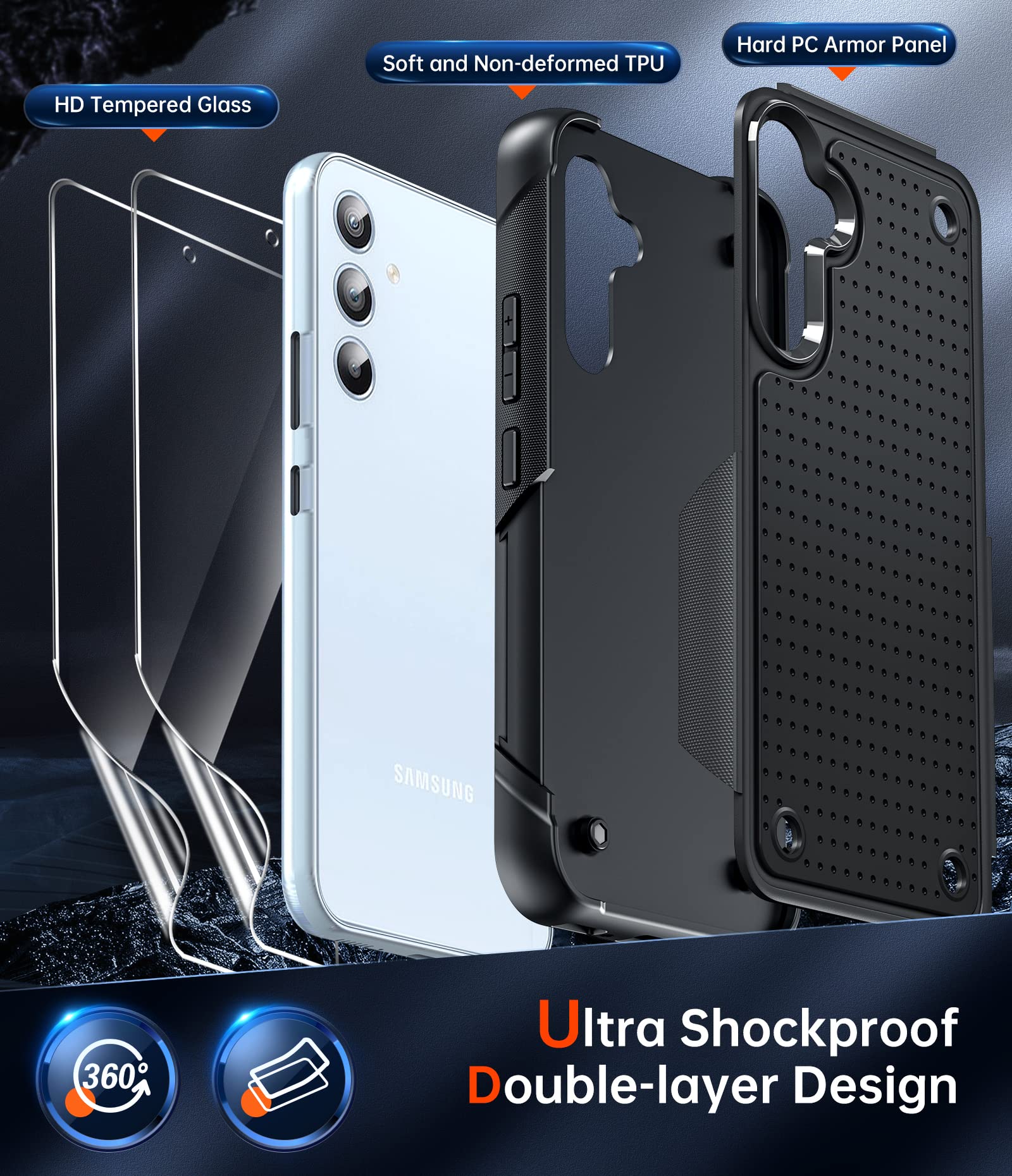 LeYi for Samsung Galaxy A54 5G Case, Samsung A54 5G Case with [2 Pack] Screen Protectors, Shockproof Heavy Duty Dual Layer Protective Hard PC Textured Back & Soft Bumper Case for Galaxy A 54 5G, Black