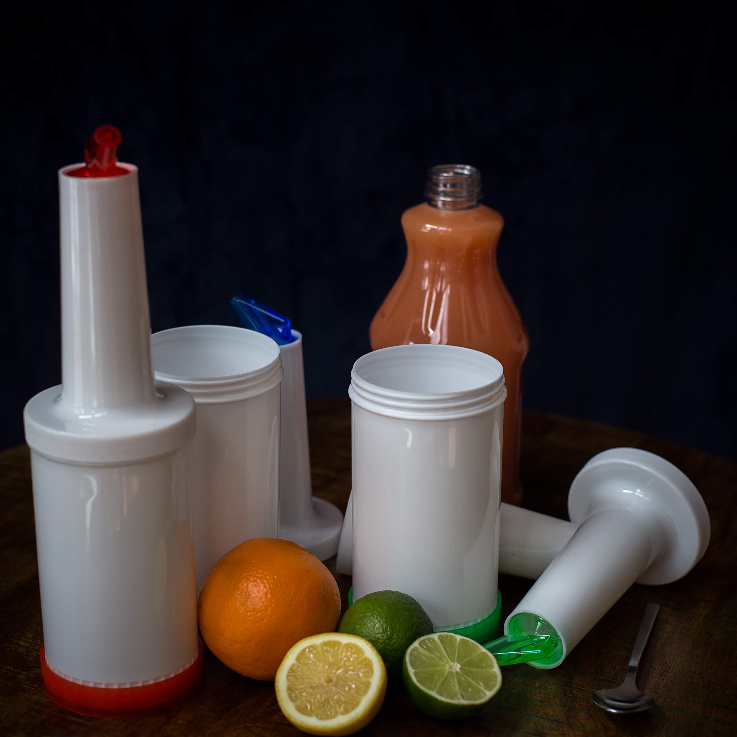 Trendy Bartender Color Coded Flow N Stow Juice Bottles (32oz / 1 Quart, Set of 4) – Commercial Grade Bar Pourers with Spout and Lid for Effortless Mixing, Pouring, and Storage