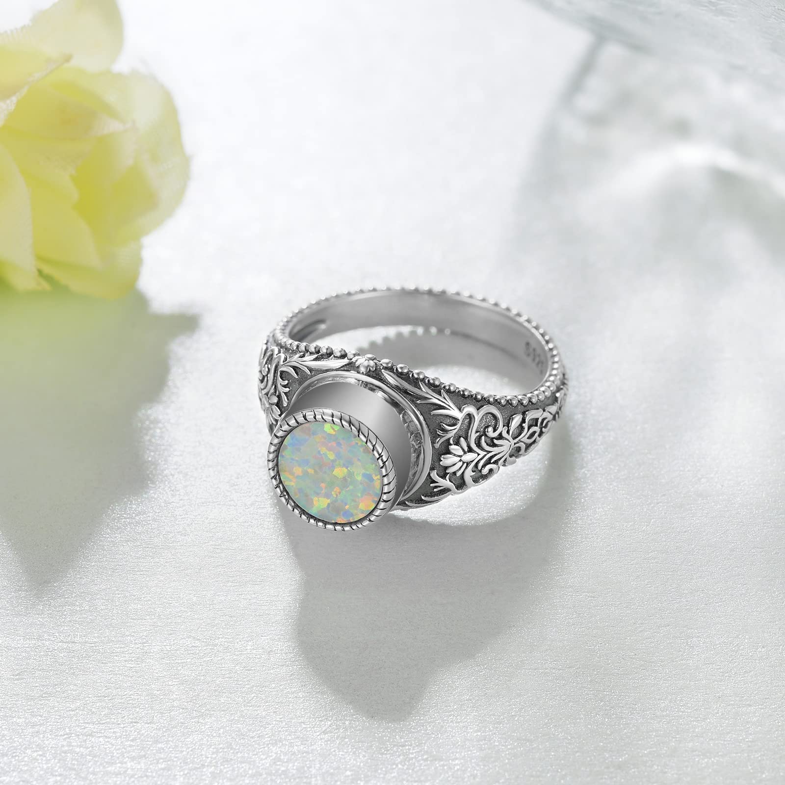 SVODEA Urn Rings for Ashes Cremation Jewelry,925 Sterling Silver Created Lab Opal Cage Filigree Ashes Keepsake Urns Bands with w/Funnel Filler,Memorial Gifts for Women (6)
