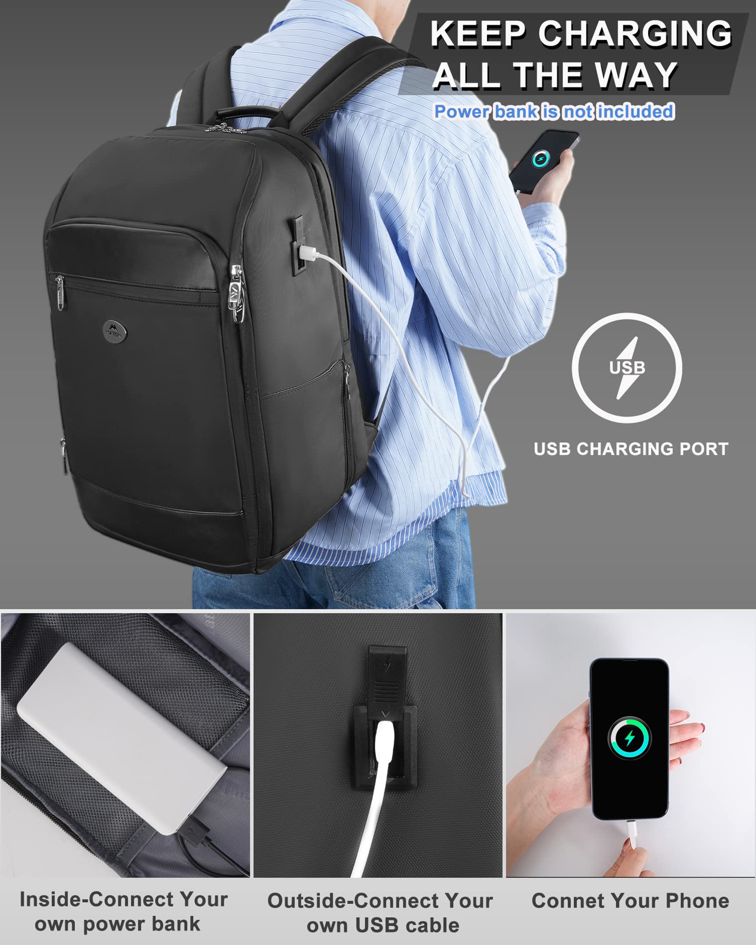 MATEIN Carry on Backpack, Extra Large Travel Backpack Expandable Airplane Approved Weekender Bag, Waterproof Travel Backpack for Men, TSA Expandable Carry on Backpack with USB Charging Port