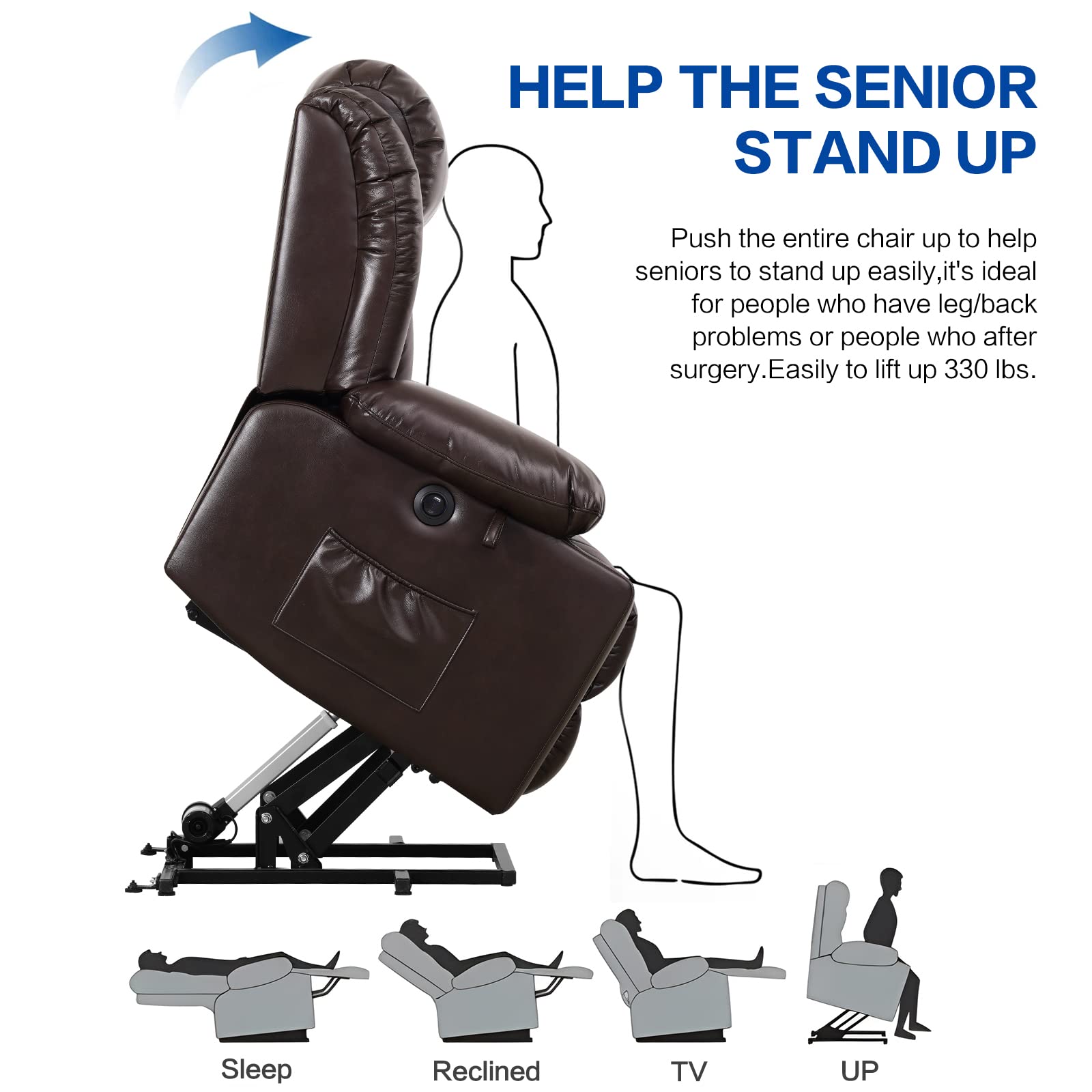 MAEVIS Lift Chair Recliner with Massage and Heating for Elderly and Adults,Breathable Leather Recliner chairs for Living Room,2 Cup Holders (Brown)