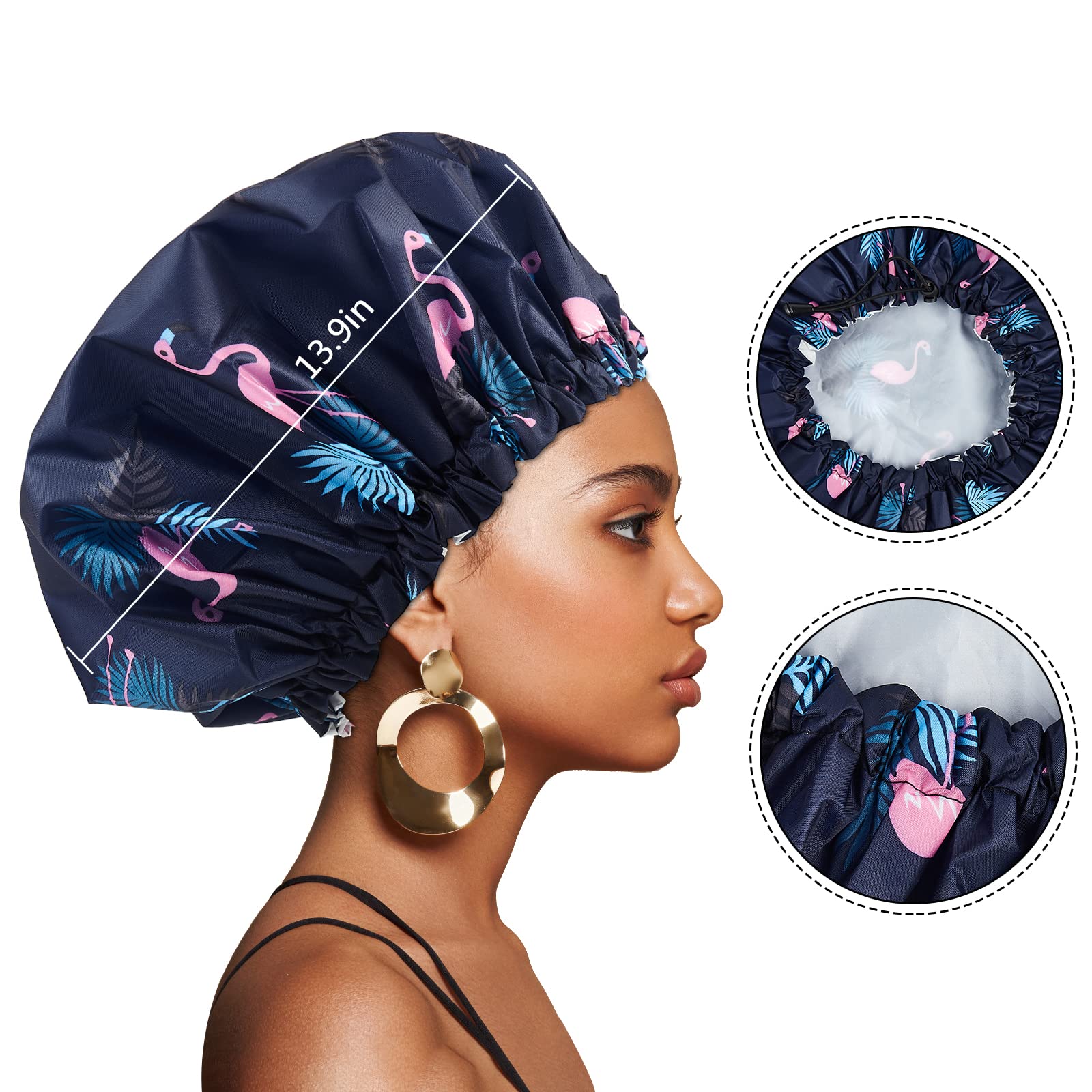TRENDYSUPPLY Shower Cap, Large Adjustable & Reusable, Double-Layer for Dreadlocks, Waterproof Bath Cap for Women, Girls, Braids, SPA, Long Hair(flamingo)