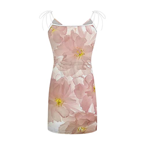 Tuxedo Women Summer Dress Loose V Neck Elegant Print Drawstring Set Sleeveless Swing Sling Strap Skirts Jean Pink