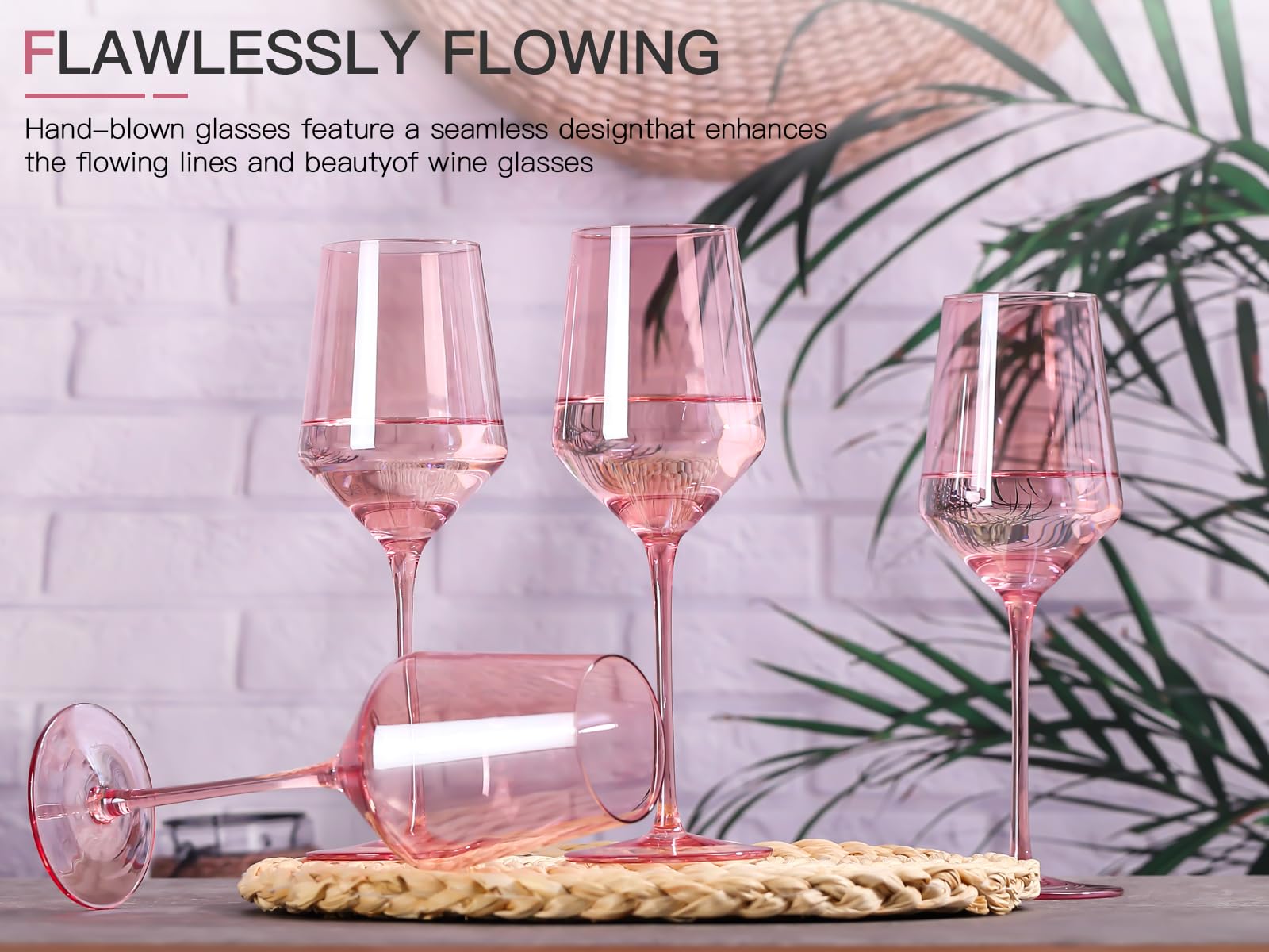 Pink Crystal Wine Glass Set of 6 - Hand-Blown Long Stem Wine Glasses, Unique Wine Glasses Gift For Wine Lovers, Dinner, Party, Wedding