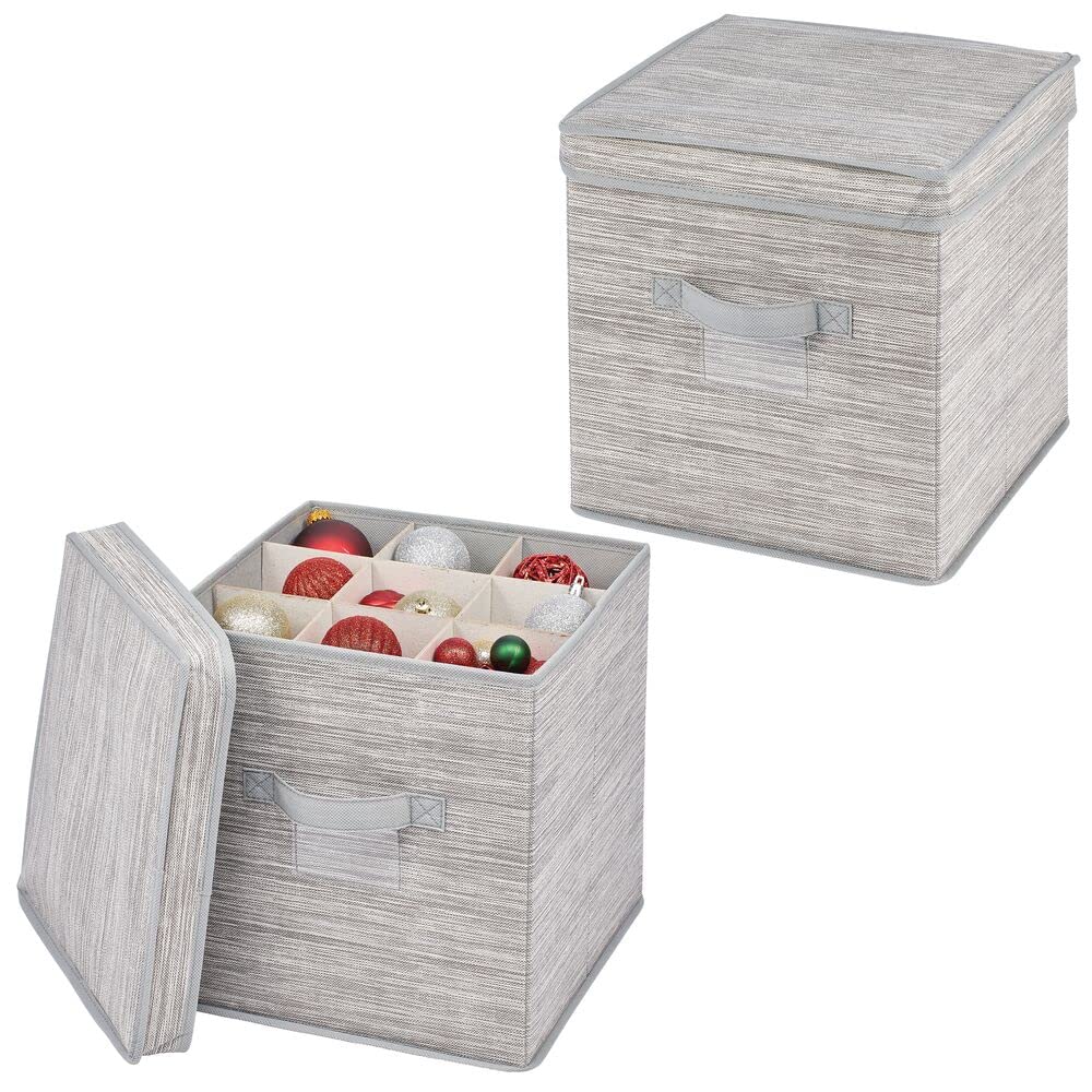 mDesign Square Gift-Wrap and Ornament Storage Box with Handles, Holder Container for Christmas and Holiday Decorations - Removable Lid, Closet and Cubby Storage Totes, 2 Pack - Stripe - Taupe/Tan