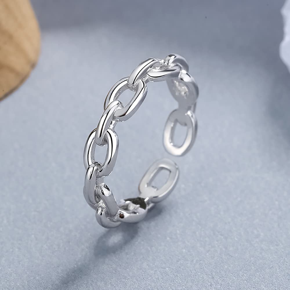 MYNENEY 925 Sterling Silver Chain Link Ring Adjustable Cute Simple Stacking Ring 14K Gold Plated Open Trendy Rings for Women Silver S