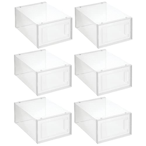 mDesign Stackable Plastic Closet Storage Box with Side Opening Panel- for Organizing Men's and Women's Shoes, Booties, Pumps, Sandals, Wedges, Flats, Heels, and Accessories, 6 Pack - White/Clear