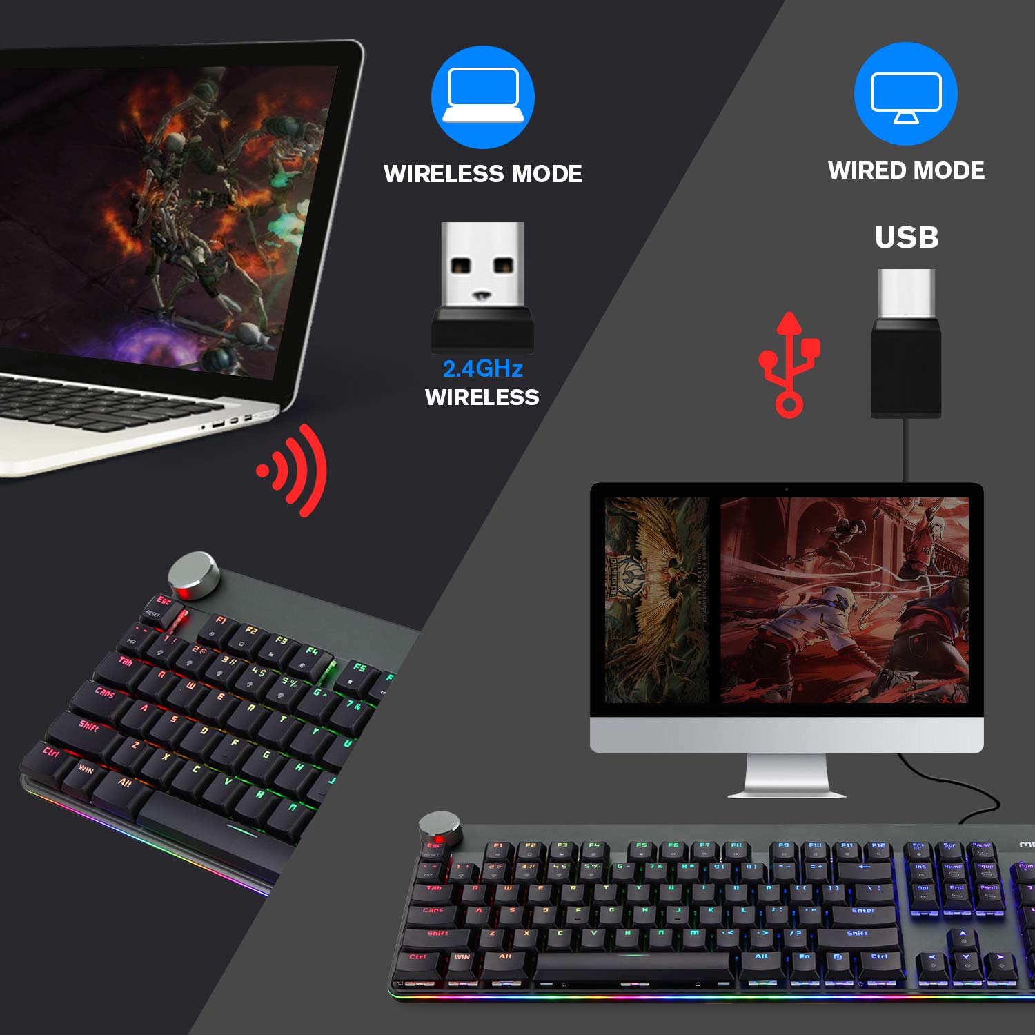 MOTOSPEED 2.4GHz Wireless/USB Wired Mechanical Gaming Keyboard Compact 104 Key RGB LED Backlit + Durable,Ergonomic,Anti-ghosting Mechanical Keyboard for Windows PC Gamers (Blue Switch)
