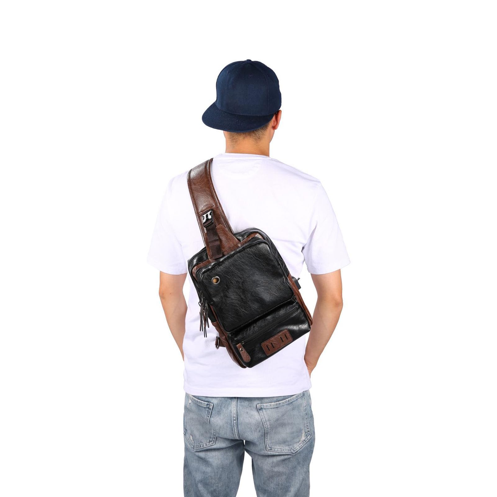 QICHUANG Men Sling Bag PU Leather Unbalance Chest Shoulder Bag with USB Charging Port Gift for Men (black)