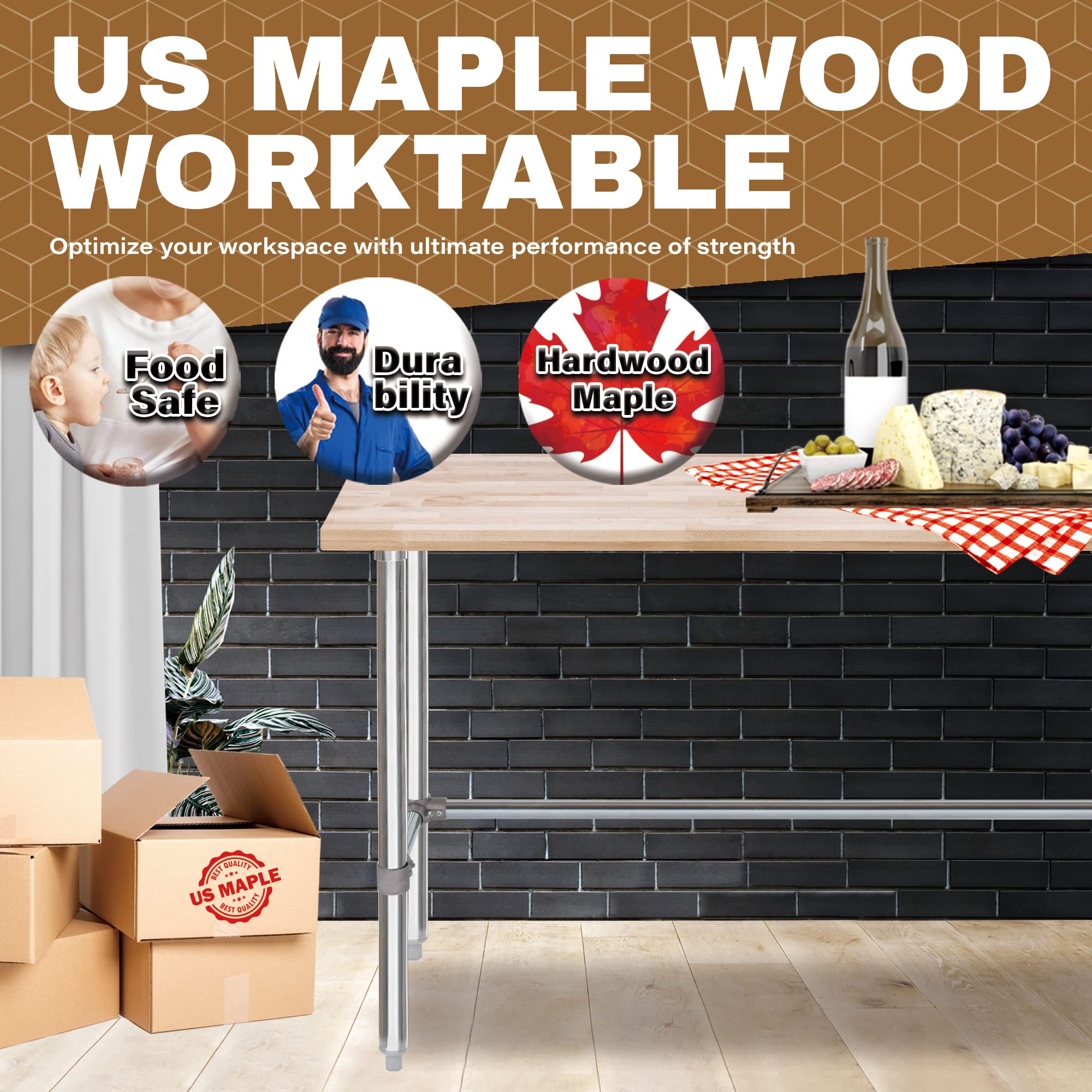 US Maple Top Work Table - 30 x 72 x 35 Inch Commercial Butcher Block Wooden Workbench with Open Base Stabilizing Leg Cross Braces - Fits Restaurant, Warehouse, Home, Kitchen, Garage by DuraSteel