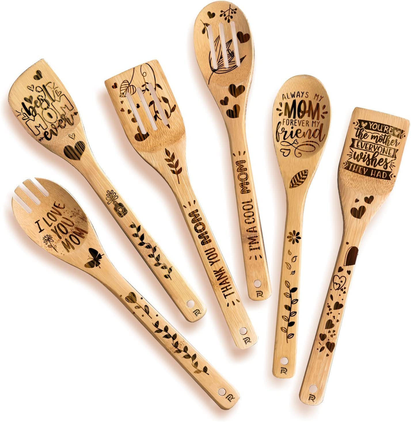 Riveira Mothers Day Gifts From Daughter wooden spoons for Cooking & Serving 6 Pcs Set - Mom Gifts for Her Kitchen - Gifts for Mom Who Has Everything - Kitchen Fun with Birthday Gift for Mom