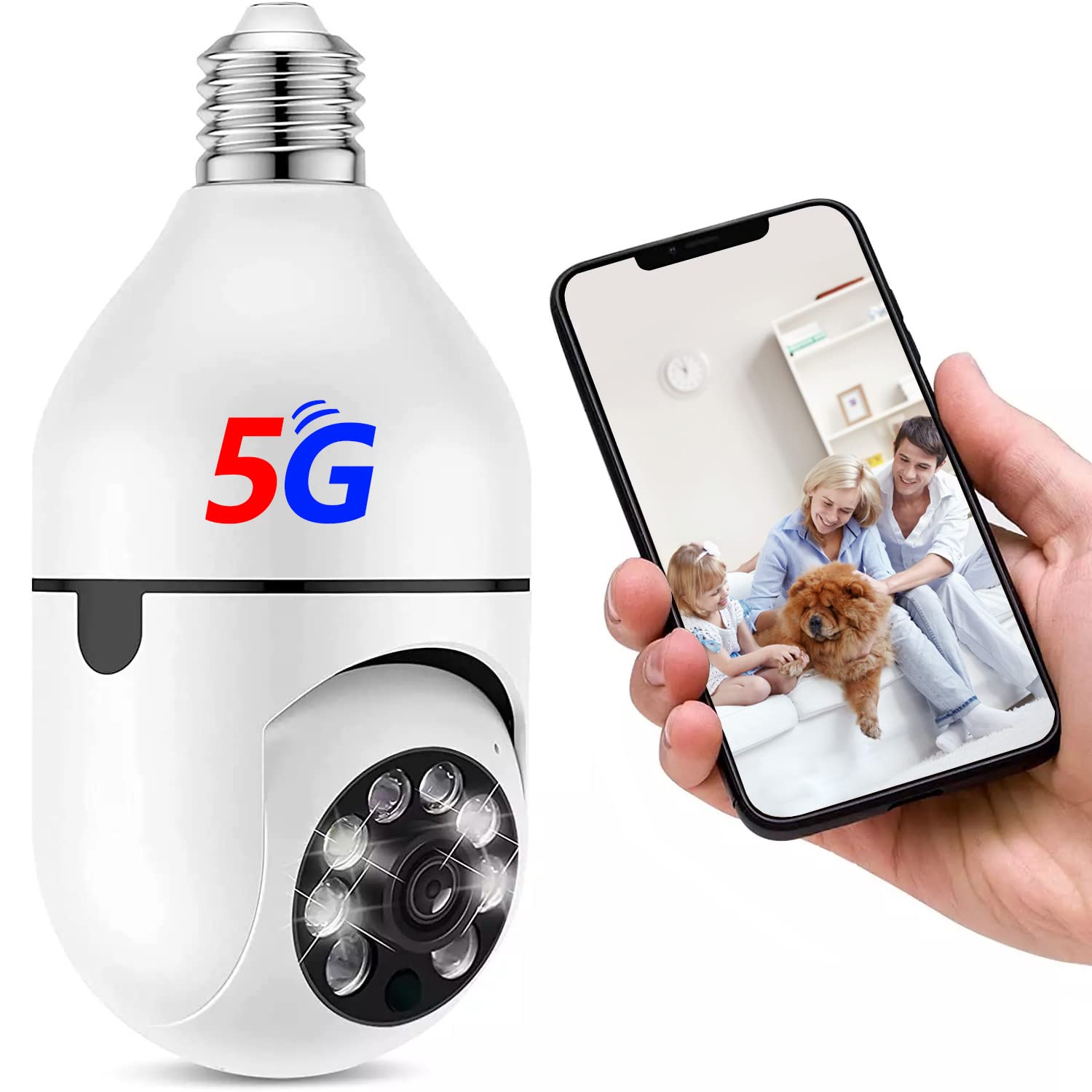 Wireless WiFi Light Bulb Security Camera, Support 5GHz/2.4GHz WiFi 1080P Outdoor Light Socket Security Cameras with 2-Way Talk, Smart Motion Detection Night Vision APP Alarm Events for Indoor/Home