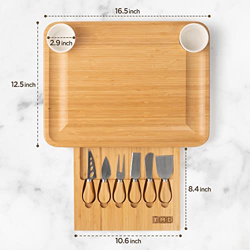 TMD Cheese Board with Knife Set (6pcs) β Elegant Charcuterie Boards with 2 Round Bowls β Wooden Charcuterie Board Set β Cheese board set to Display Your Assortments in Style