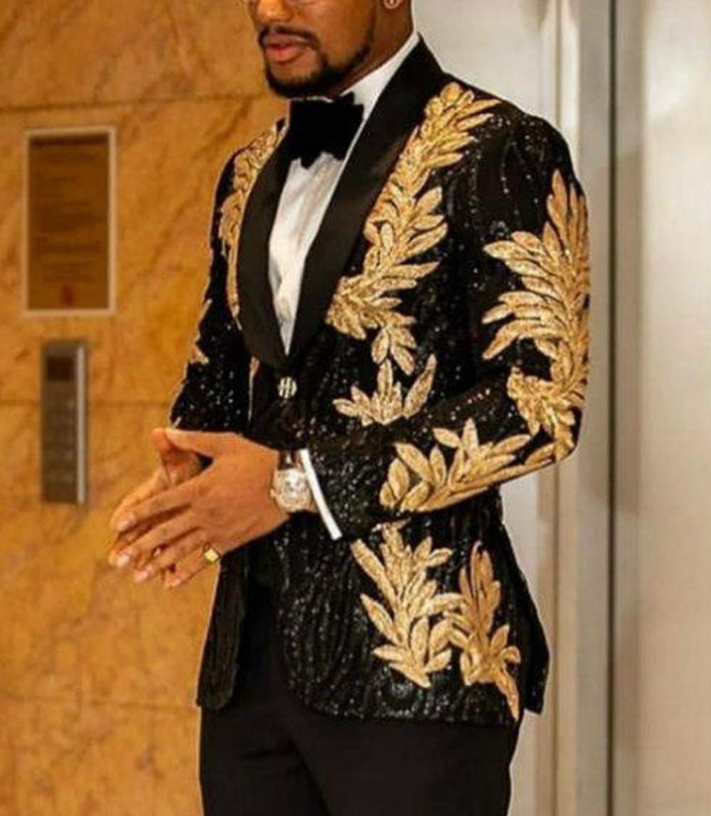 Lovee Tux 2 Pieces Men's Shiny Sequins Gold Applique Suits Prom Tuxedos Grooms Jacket Wedding Party Suits (Blazer+Pants)(34,Black)