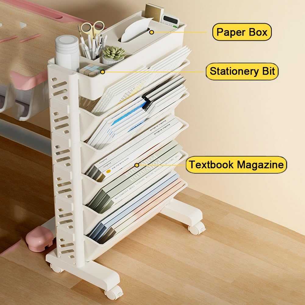 Mobile Bookshelf with Wheels,Moveable Bookshelf Organizer,Multilayer Capacity for Home 6 Tier Rolling Book Cart for Office & Classroom