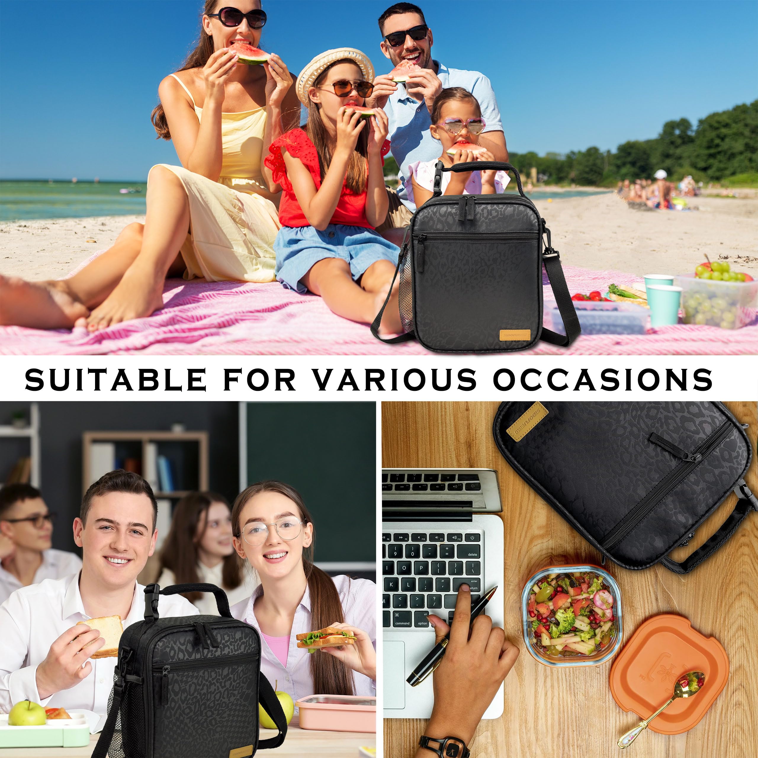 SIBOFUEGO Insulated lunch Box for Men Women - Cute Reusable Lunch Bag for Adult ,Small Lunchbox with Adjustable Shoulder Strap, Durable Cooler Tote Bag for Work Office Picnic Beach (Black Leopard)