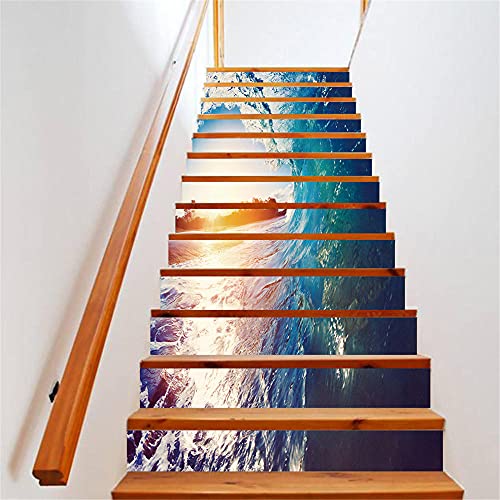 Master_GGG 13 Pcs 1 Set 3D Waves Stair Stickers Self-Adhesive Wall Stair Stickers for Home Decoration, Waterproof Stair Mural, 100cm X 18cm for Stair Decor Mural