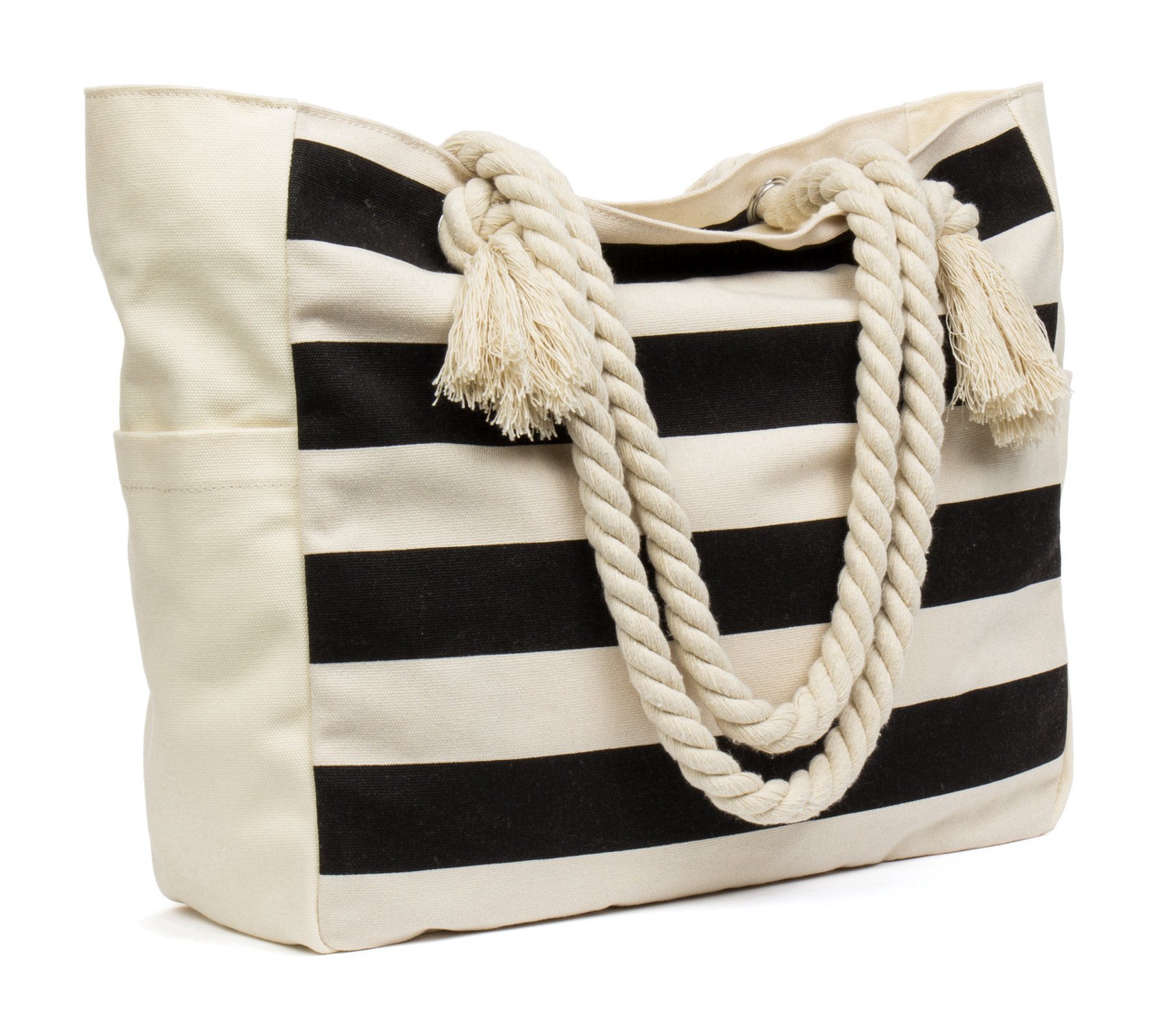 Malirona Large Beach Travel Tote Bag Canvas Shoulder Bag with Cotton Rope Handle (Blue Stripes)