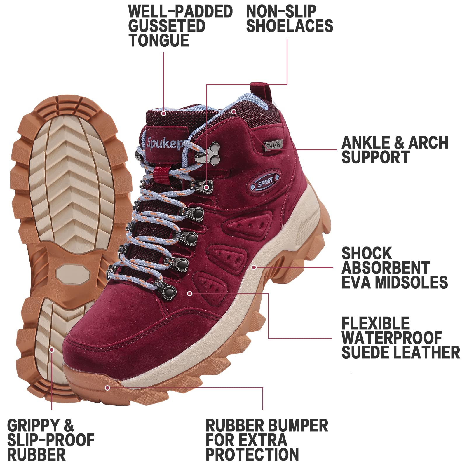 SPUKEP Women Hiking Boots Waterproof Mid Work Shoes Lace Up Suede Leather Walking Trekking Mountain Outdoor