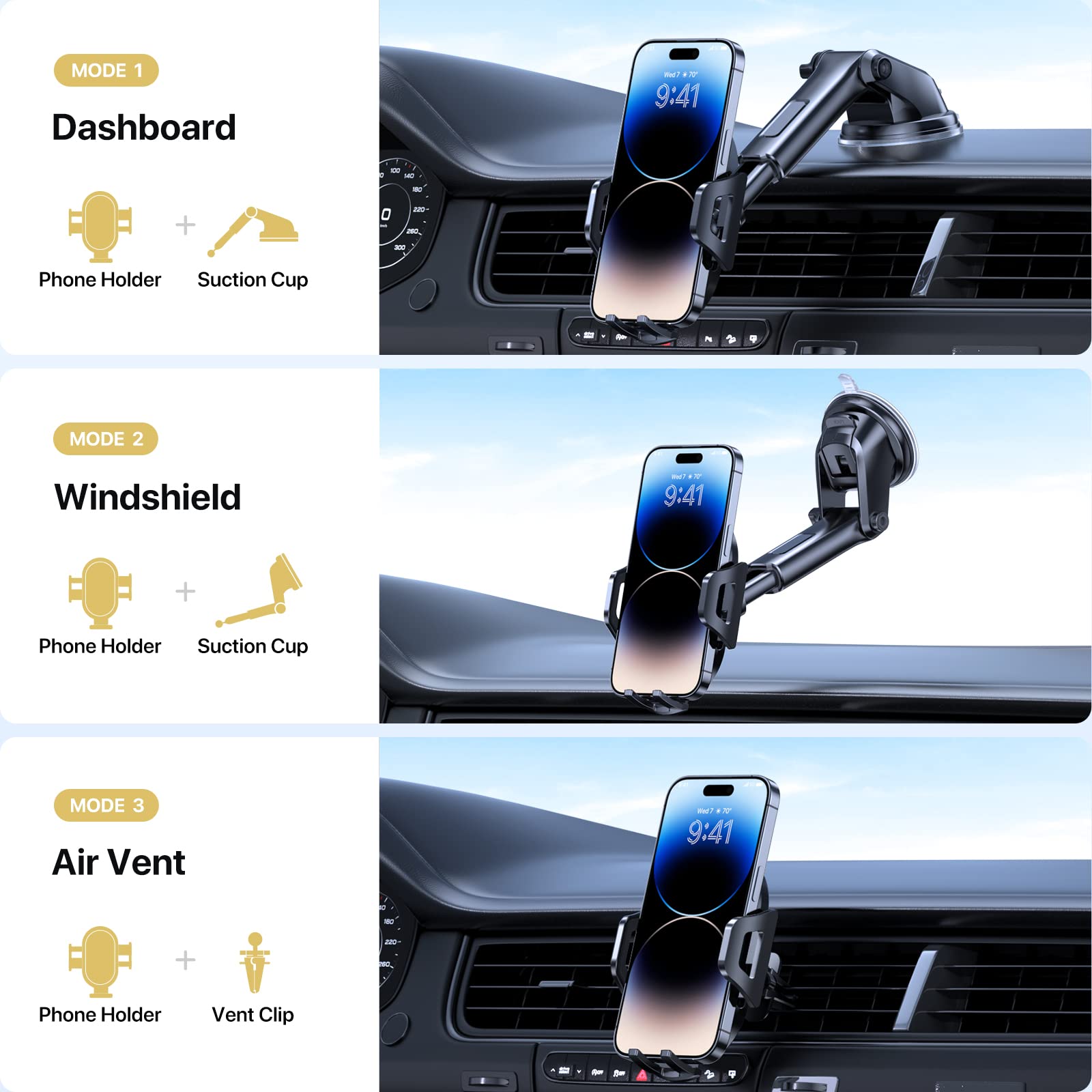 Miracase Phone Holders for Your Car, Multifunctional Car Phone Holder with Suction Cup Base, Hands Free Universal Cell Phone Car Mount, Automobile Phone Mount Car for iPhone Android Smartphones(Base)