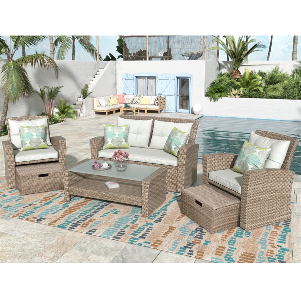 LHLLHL Patio Furniture Set, 4 Piece Outdoor Conversation Set All Weather Wicker Sectional Sofa with Ottoman and Cushions