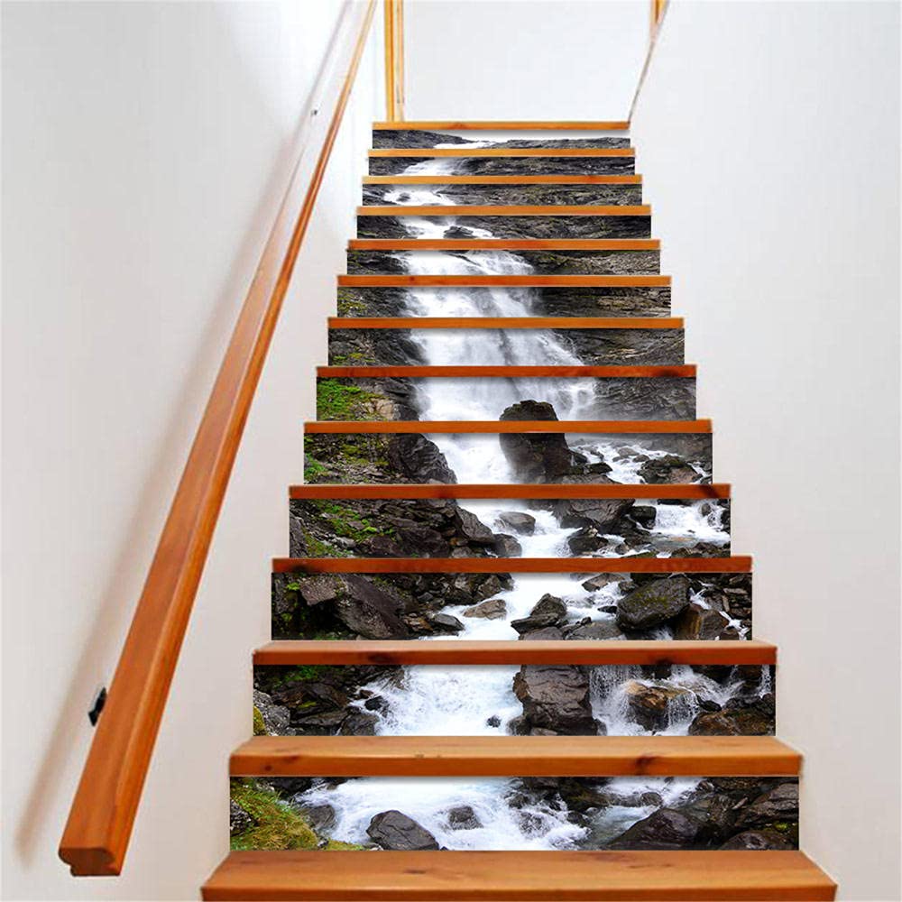 Master_GGGGG Stickers 3D Innovative DIY White Stream Decorative Adhesive Stair Stickers - Waterproof Stair Riser Decals - Peel and Stick Stair Stickers Decoration 13pcs/set 18cm X 100cm