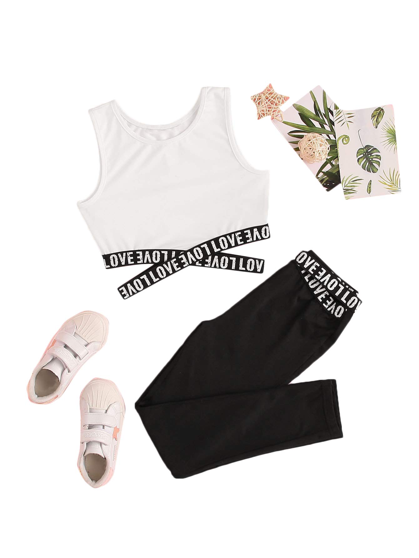 Romwe Gril's Kids Crop Tank Top with Leggings Tracksuit Gymnastic Workout 2 Piece Outfit Black White 11-12Y