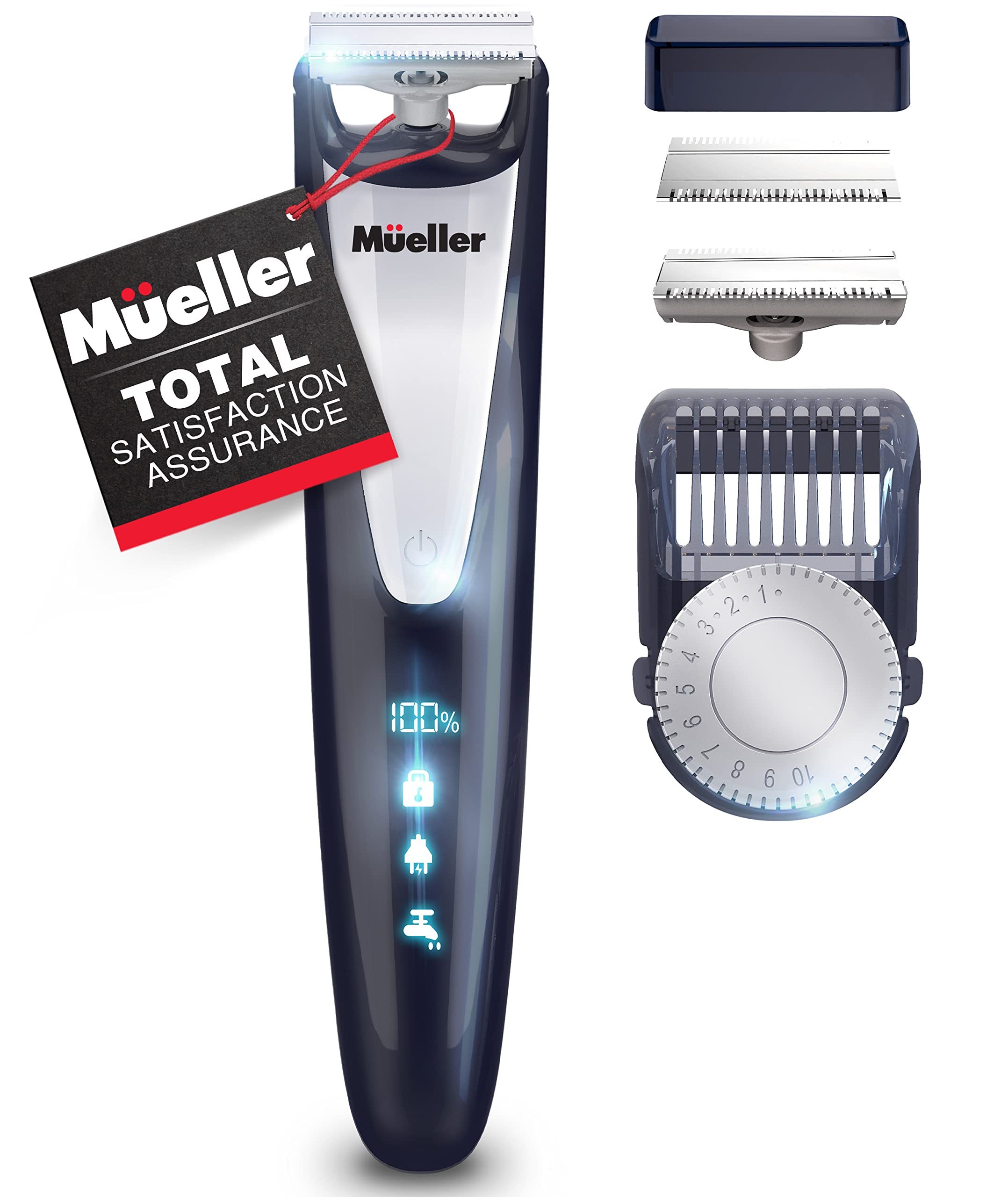 Mueller UltraOneBlade Pro Beard and Mustache Trimmer, Cordless, Water Resistant with Adjustable Hair Length Dial and LED Battery Indicator
