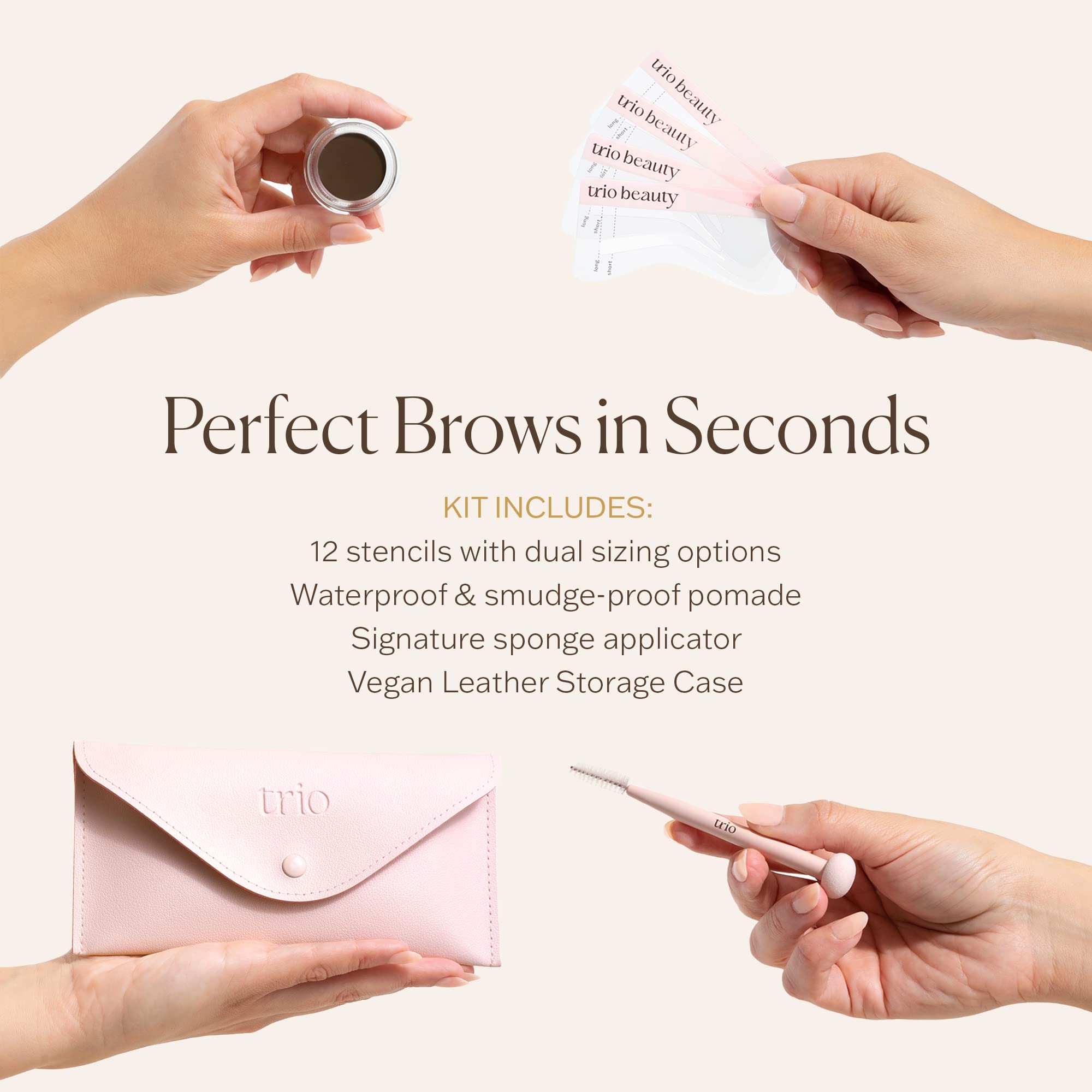 Trio Beauty Brow Trio Eyebrow Stencil Kit | Perfect Brows in Seconds | Eyebrow Stamp Stencil Kit with Fully Waterproof Eyebrow Pomade and Dual Ended Sponge Brush | Blonde