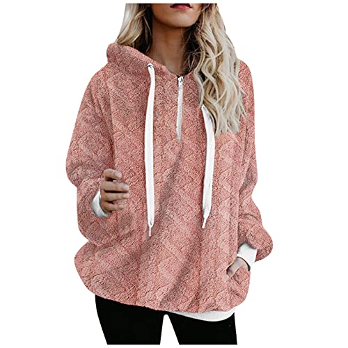 Women Sweatshirt Pocket Drawstring Long-Sleeves Zipper Hoodie Printed Top Open Cardigan Long Pink