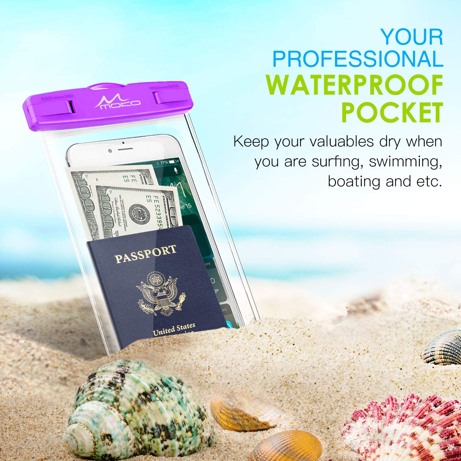 MoKo Waterproof Phone Pouch 4Pack, Underwater Phone Case Dry Bag with Lanyard Compatible with iPhone 14 13 12 11 Pro Max X/Xr/Xs Max/SE 3, Galaxy S21/S10/S9, Note 10/9/8, Black+Magenta+Blue+Purple