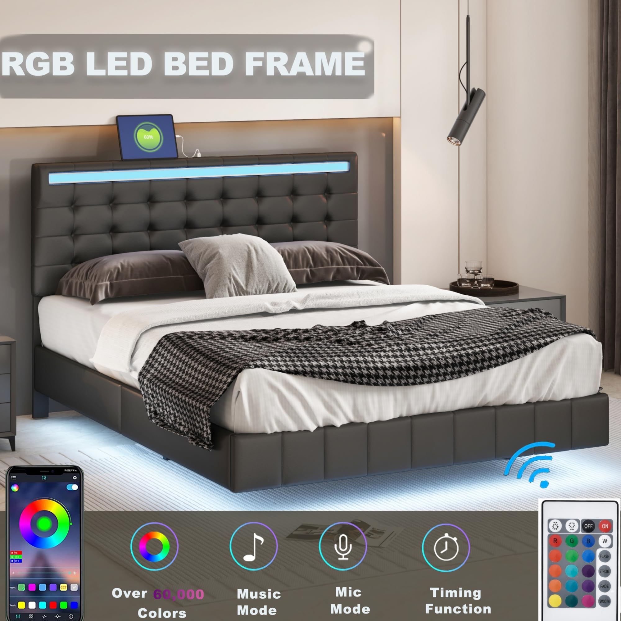 Merax Modern Tufted Floating Plattform Bed with LED Lights and USB Charging, Queen Bed Frame with Headboard, No Box Spring Needed, Black