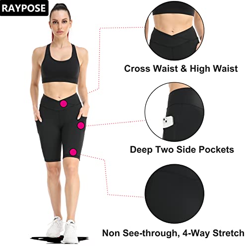 RAYPOSE Womens Running Athletic Biker Shorts with Pockets Cross Waist Plus Size Hiking Lounge Summer Casual 8" Black-L