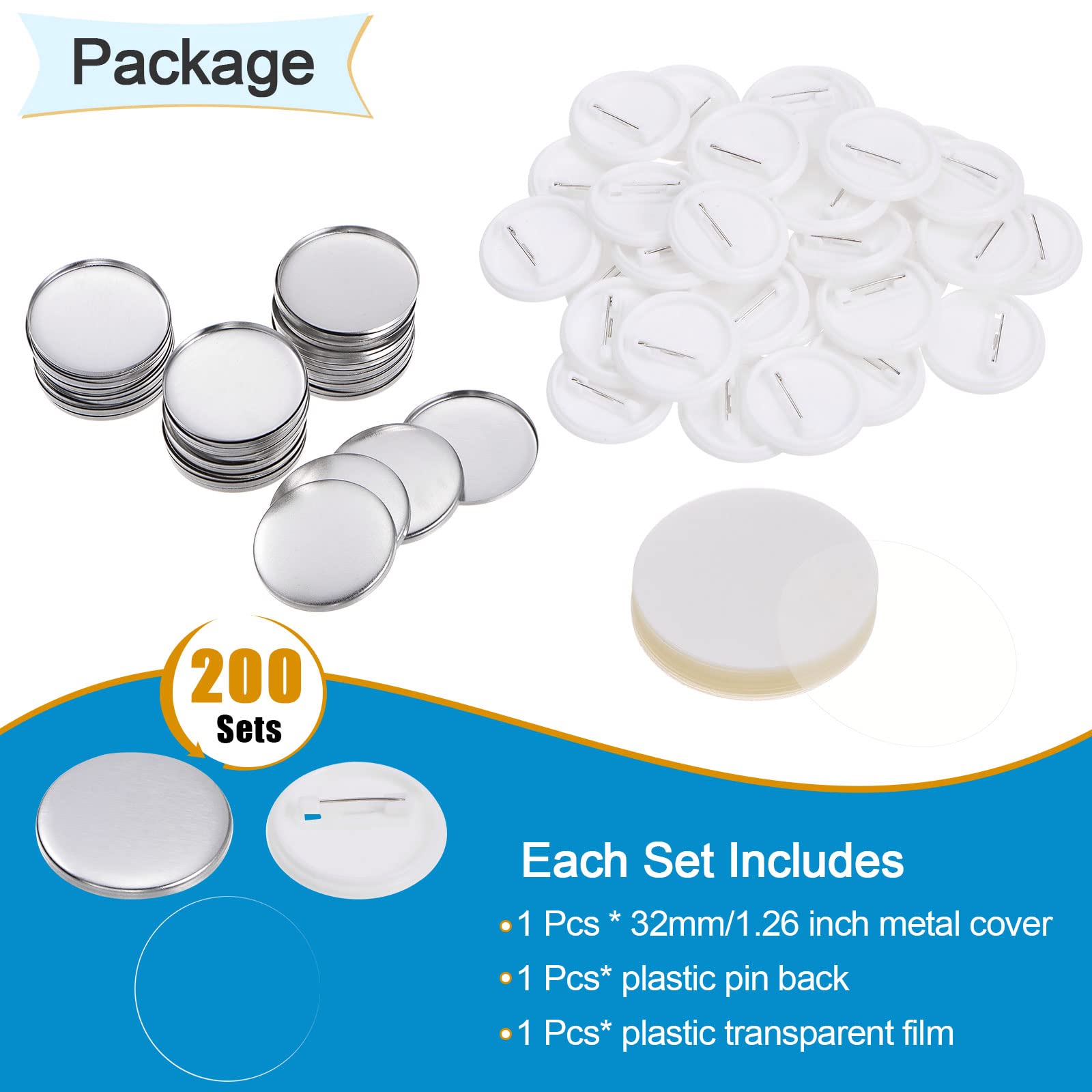 MECCANIXITY Blank Pin Back Button Parts, 32mm 1.26 Inch, 200 Set Sewing Buttons Round Metal Cover Plastic Button Back Clear Film for Button Maker Machine