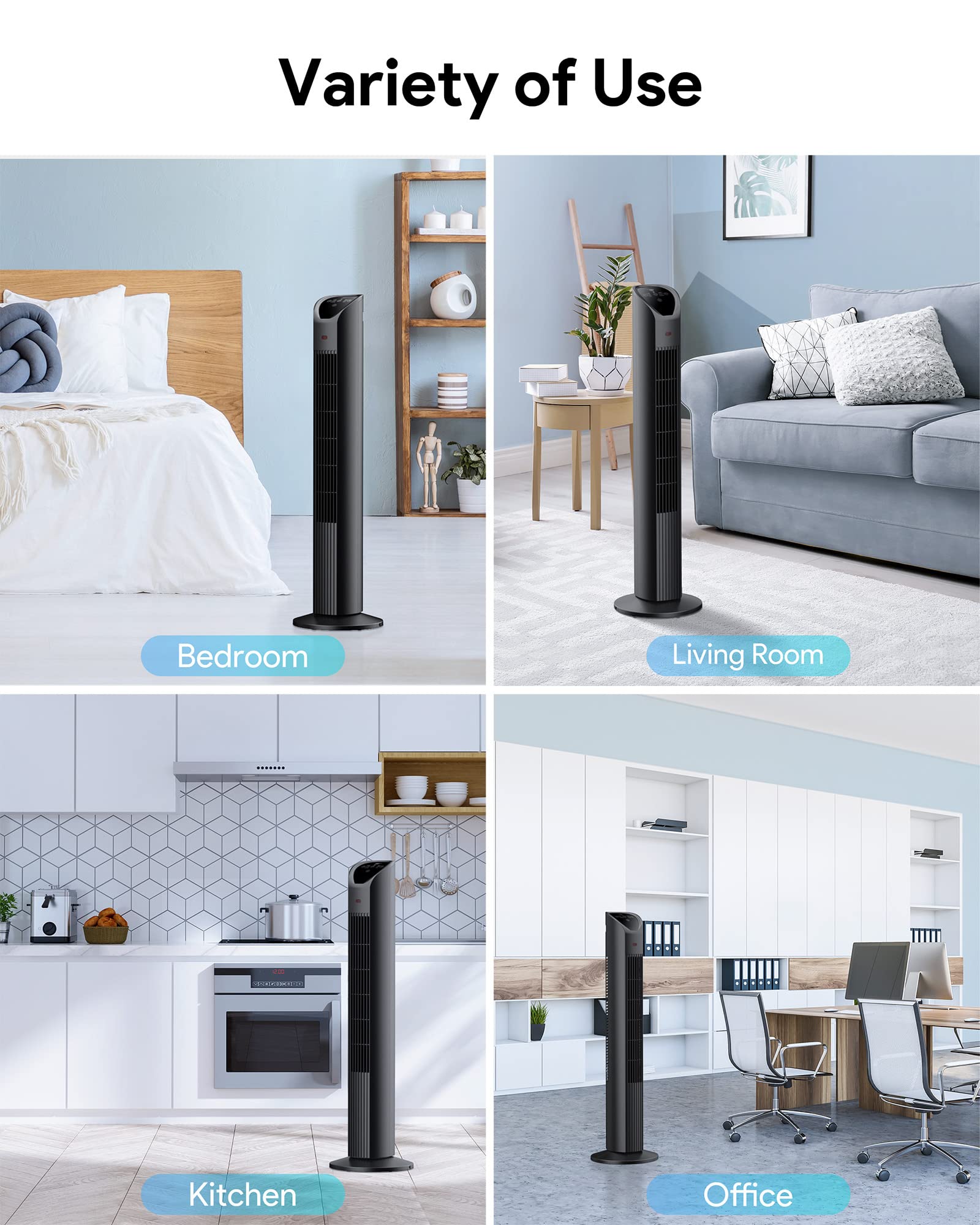 Tower Fan with Remote, Oscillating Fan Features 3 Modes 3 Speed, 75° Oscillation Standing Fans, Auto-off Backlight and 12H Timer, Portable Floor Bladeless Fan for Bedroom, Home and Office, Black