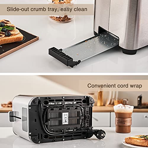Toaster 2 Slice Extra-Wide 1.57β Slots, REDMOND Stainless Steel Toaster with LED Display, 6 Bread Shade Settings, Defrost/Bagel/Reheat/Cancel Functions and Removable Crumb Tray - 2 Slice