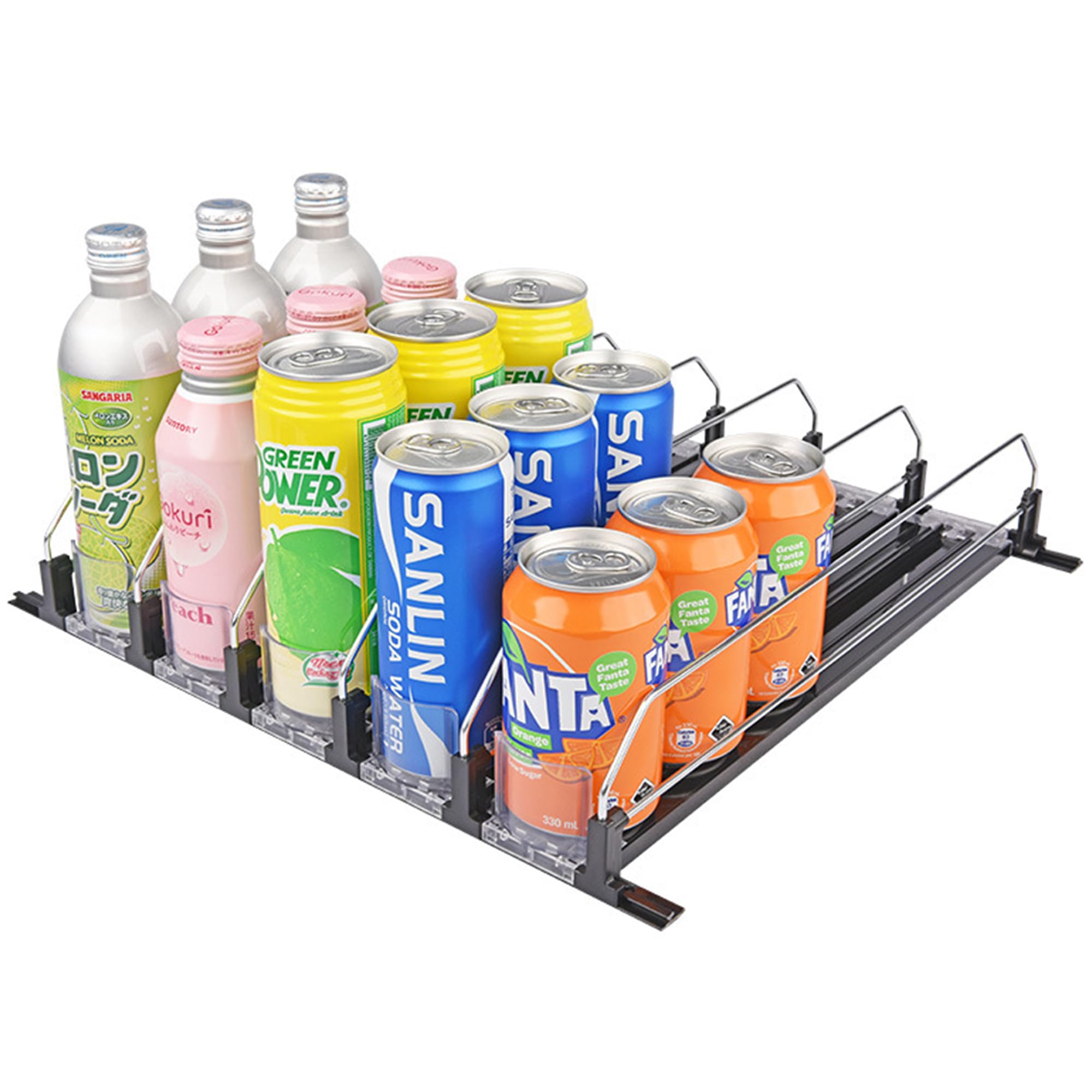 Loyareal Drink Organizer for Fridge, 12oz 16oz 20oz Soda can Dispenser for Refrigerator, Self-Pushing Drink Organizer for Fridge, and Adjustable Width, Hold 25 cans (5 Rows, 15"D)