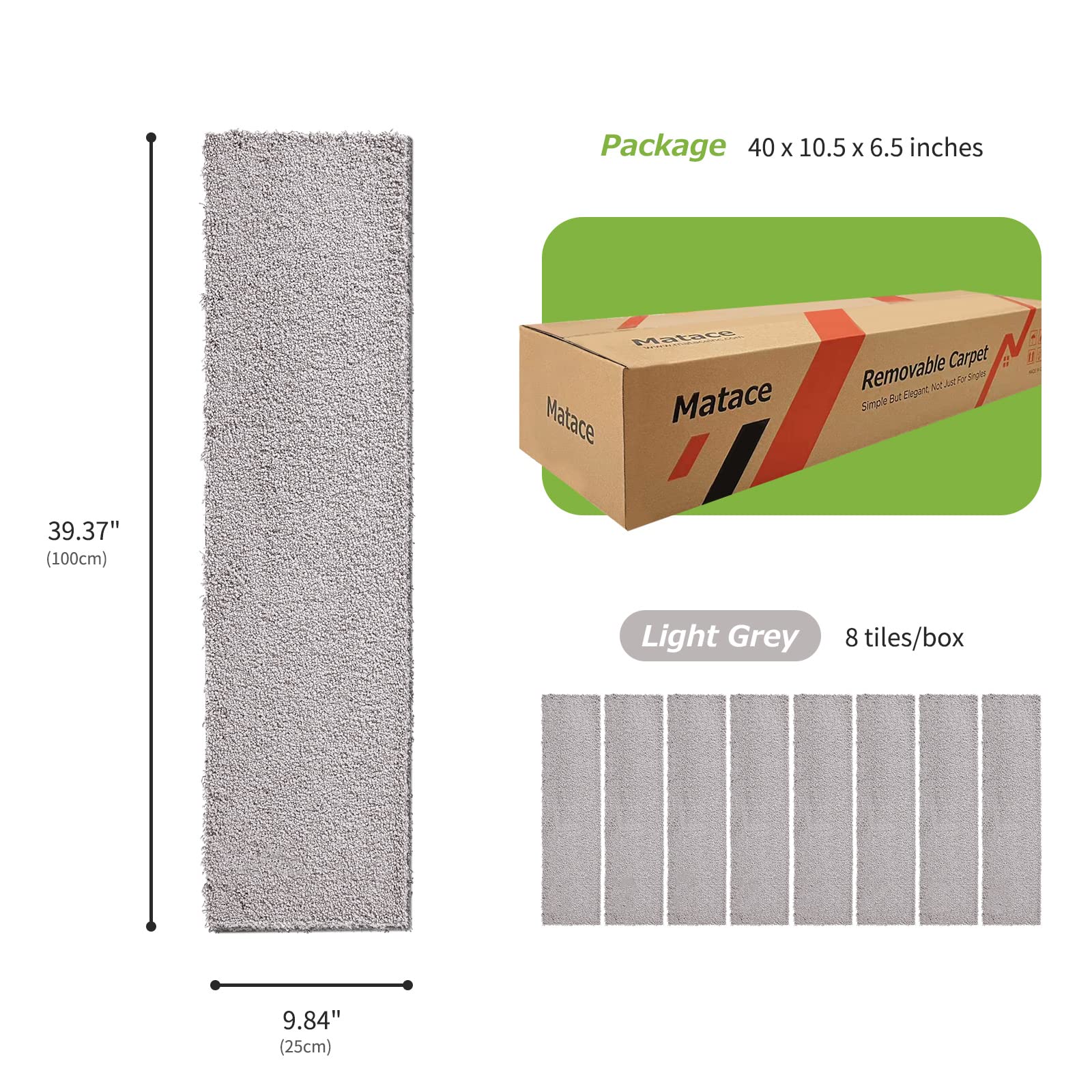 Matace Siren Series Plush Removable Carpet Tiles - 10x40" 8 Planks (21.52 sqft) | Ultra Soft, High Pile, Non-Adhesive DIY Modular, Stain Resistant with Non-Slip Padded Backing - Light Grey