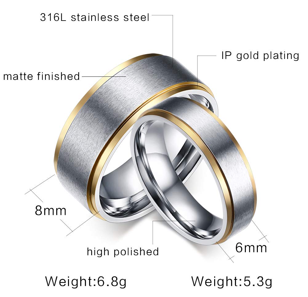 MZZJ Partners in Crime Couple Ring 8MM&6MM Black Brushed 2 Tone Stainless Steel Rainbow Step Edge Wedding Band Engagement Matching Ring for Him Her,Valentine's Day Anniversary Birthday Gift